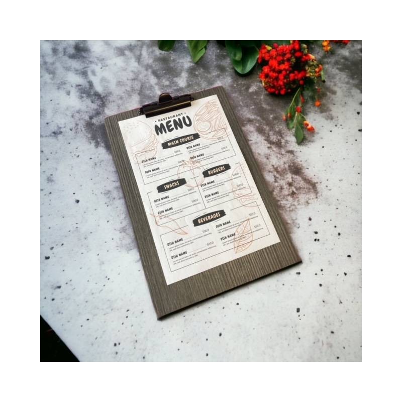 Carta restaurante para menú fabricada en madera natural tono wengué